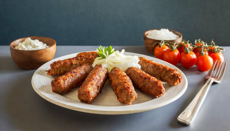 Delicious Grilled Cevapi with Creamy Sauces and Fresh Herbs on Rustic ...