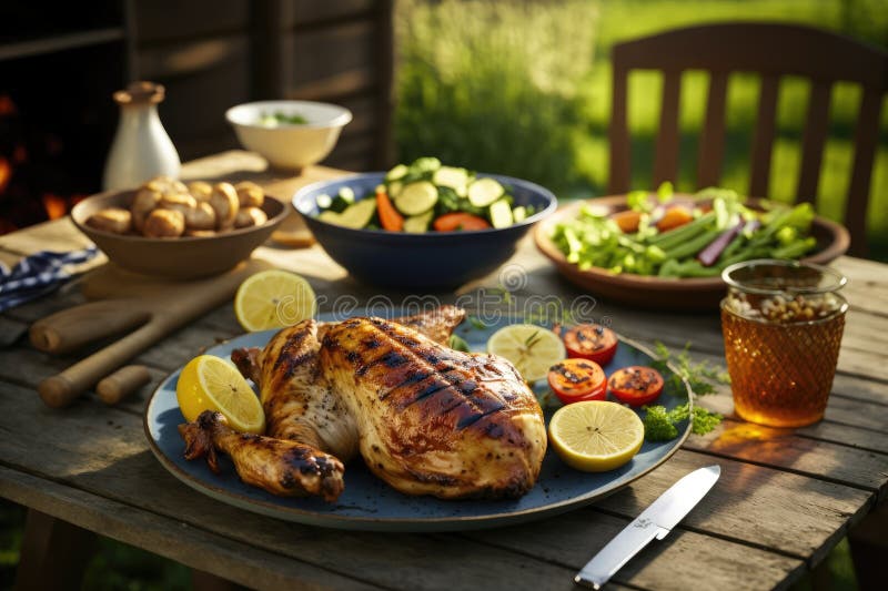 Delicious Grilled Chicken on Table in Backyard Grill Stock Illustration ...