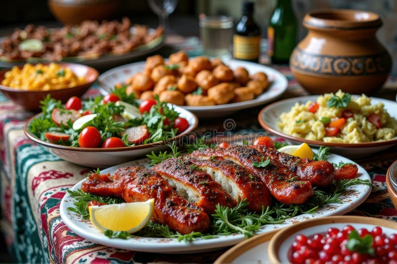 Delicious Grilled Chicken Vegetables Assorted Dishes Rustic Table ...