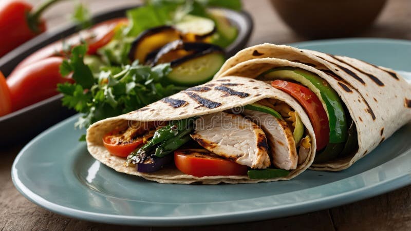 A Delicious Grilled Chicken Wrap with Fresh Vegetables on a Plate Stock ...