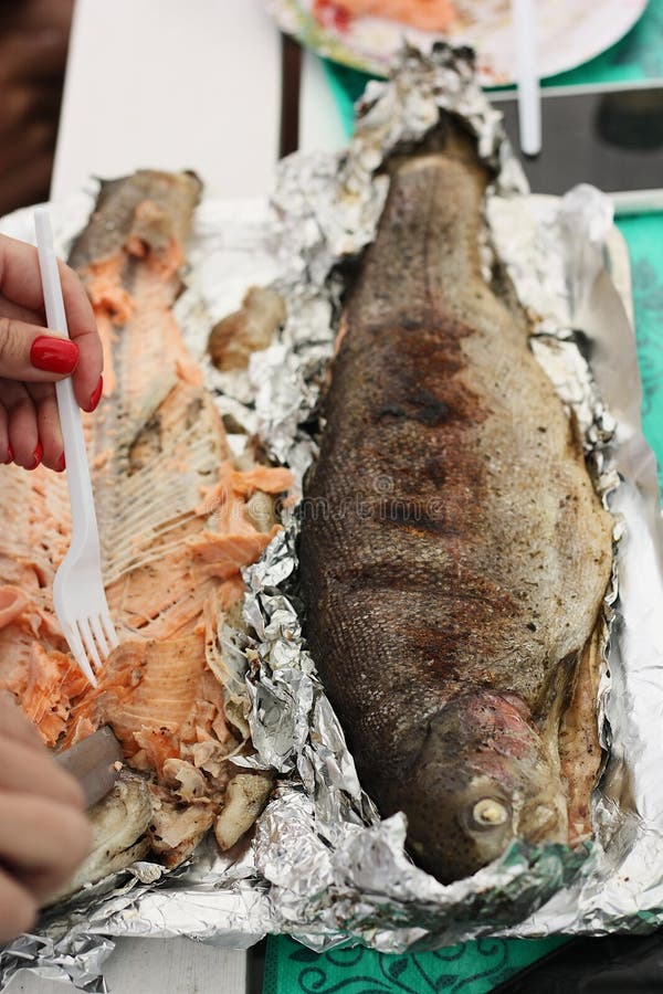 Delicious Grilled Fish on the Table Macro Stock Image - Image of salt ...