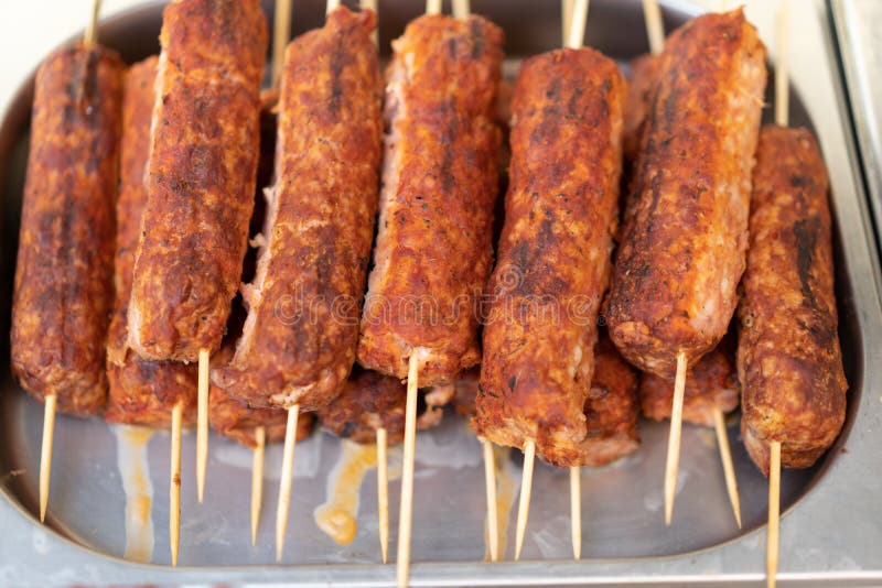 Delicious Grilled Meat Sausages on a Stick. Stock Photo - Image of ...