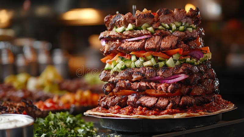 Delicious Grilled Meat Stack with Vegetables on Flatbread Stock ...