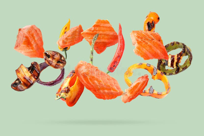 Delicious Grilled Salmon Vegetables Falling Color Background Stock ...