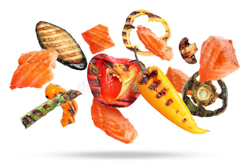 Delicious Grilled Salmon and Vegetables Falling on White Background ...