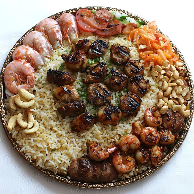 Delicious Grilled Seafood and Meat Platter with Rice and Nuts Stock ...