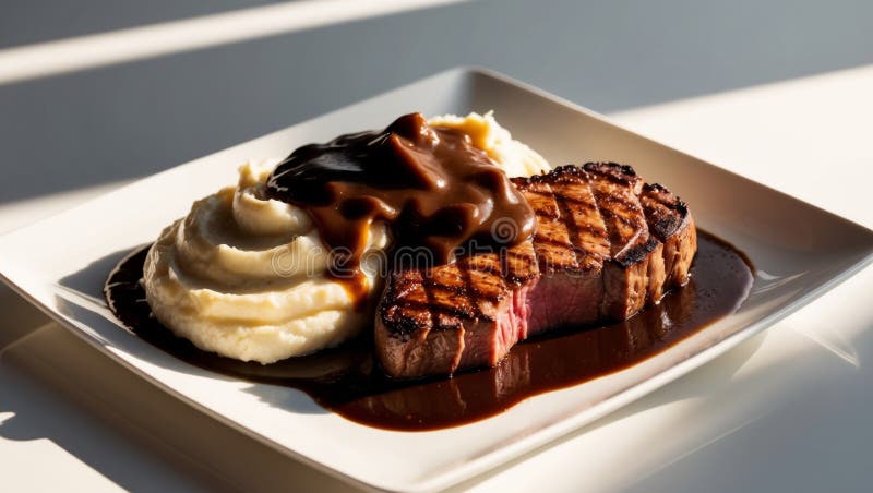 Delicious Grilled Steak with Mashed Potatoes and Gravy. Stock Image ...