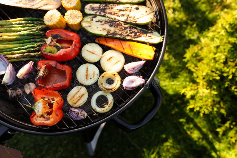 Delicious Grilled Vegetables on Barbecue Grill Outdoors, Top View Stock ...