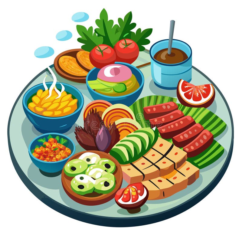 Delicious Grilled Vegetables and Meats on Platters Stock Vector ...