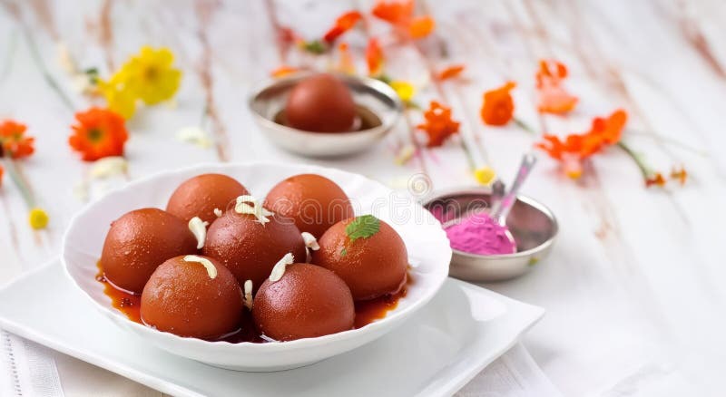 A Delicious Gulab Jamun Served on a White Plate, Holi Banner Stock ...