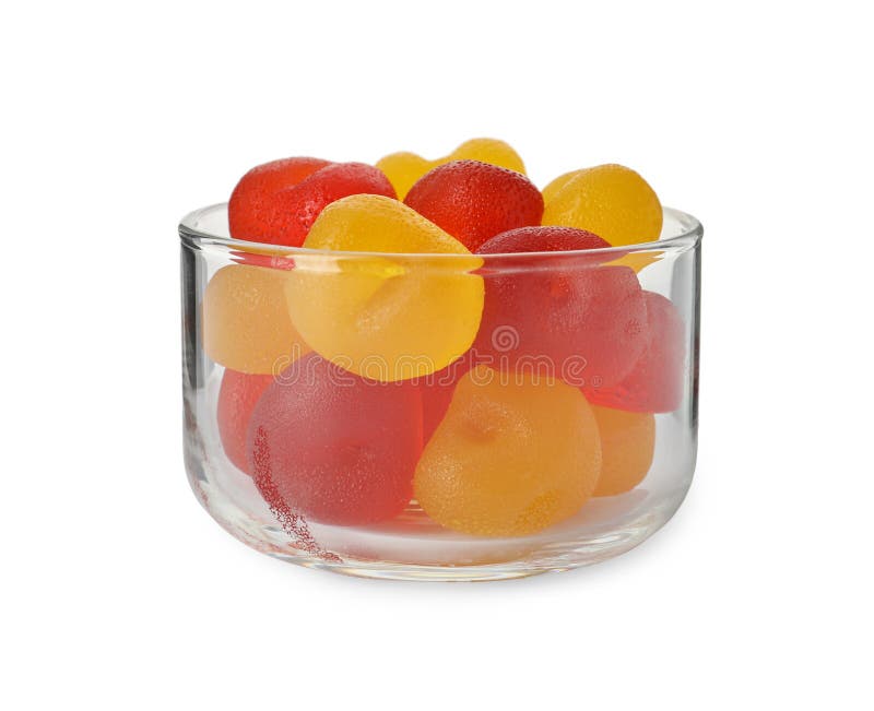 Delicious Gummy Fruit Shaped Candies in Bowl Isolated on White Stock ...