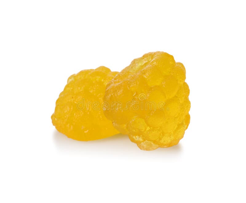 Delicious Gummy Golden Raspberry Candies on White Background Stock ...