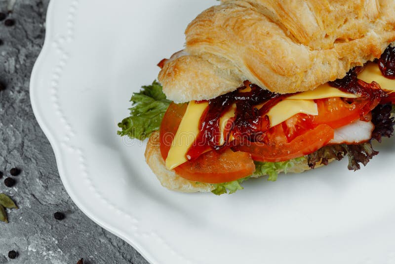 Delicious Ham and Cheddar Cheese Croissant with Salad Stock Photo ...