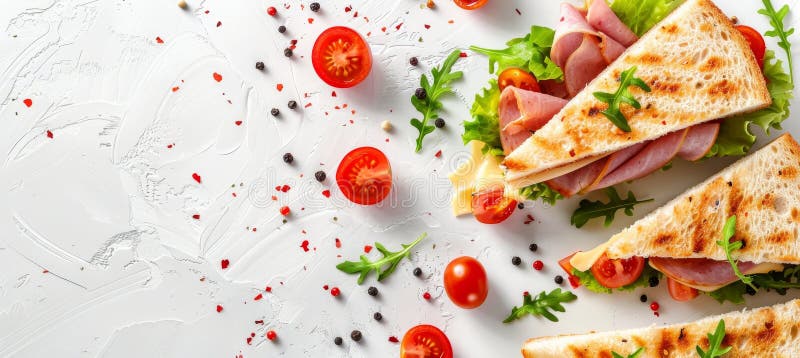 Delicious Ham, Cheese, and Tomato Triangle Sandwich with Salad on White ...