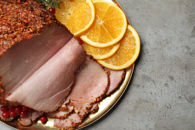 Delicious Ham Served for Christmas Dinner on Table, Top View Stock ...