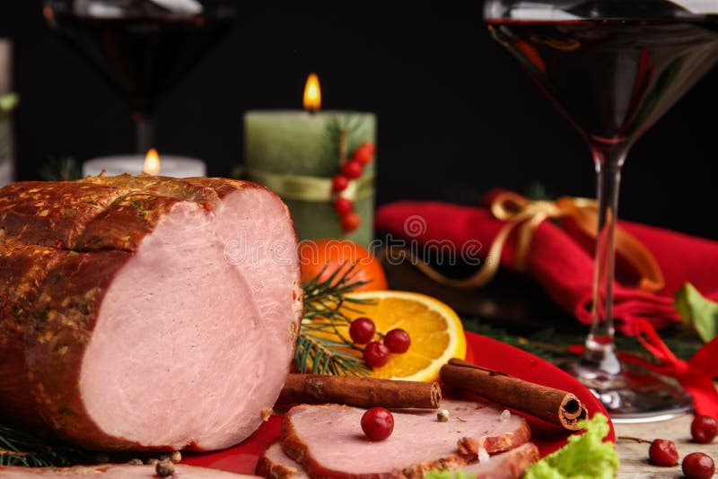 Delicious Ham Served on Plate. Christmas Dinner Stock Photo - Image of ...
