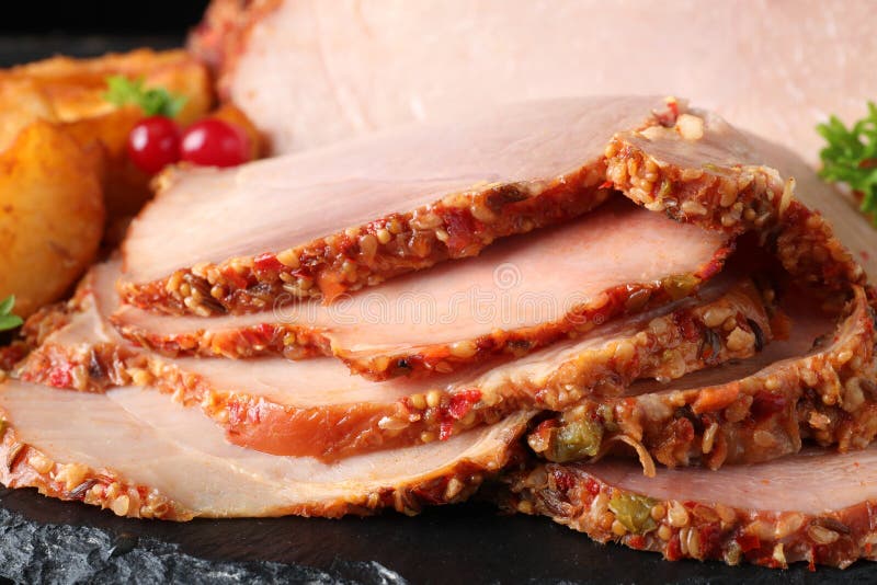 Delicious Ham on Slate Plate, Closeup Stock Image - Image of nutrition ...
