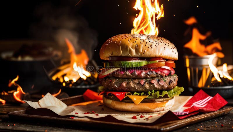 Delicious Hamburger or Burger with Fire on Black Background. Generative ...