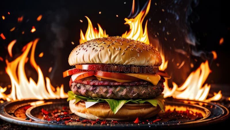 Delicious Hamburger or Burger with Fire on Black Background. Generative ...