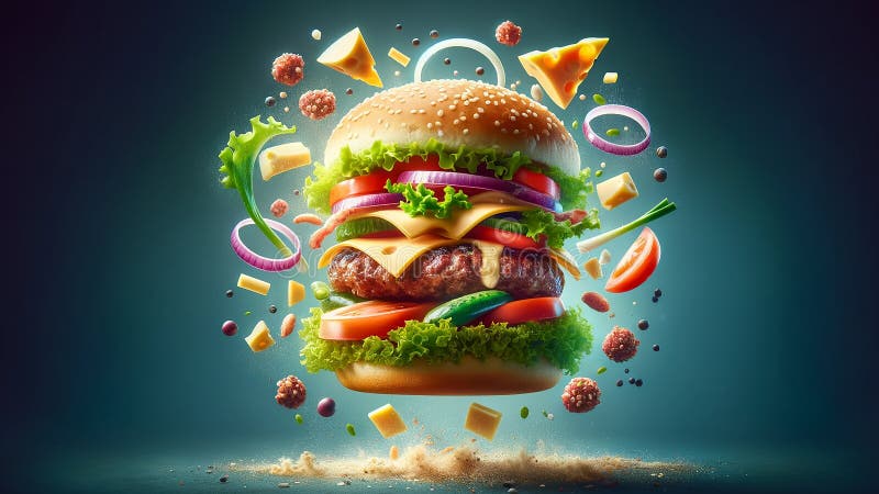 Delicious Hamburger with Flying Ingredients Stock Illustration ...
