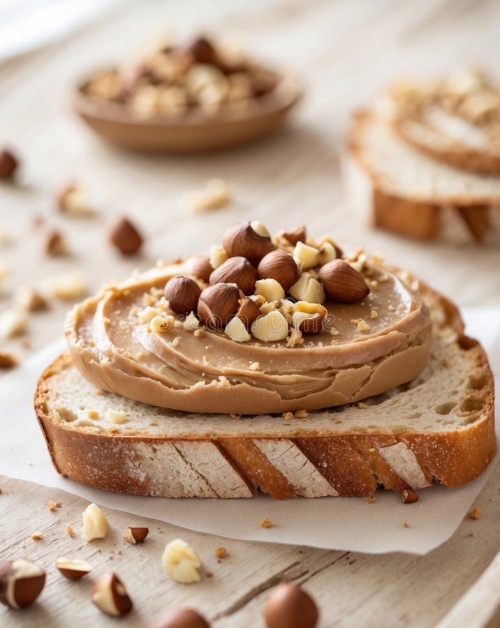 Delicious Hazelnut Spread on Crusty Bread with Nuts Stock Photo - Image ...
