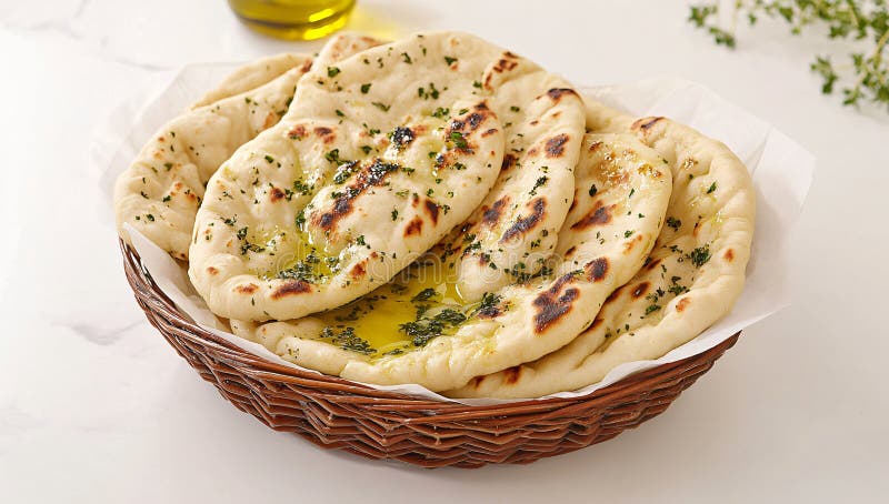 Delicious Herb Garlic Naan Bread in Basket High Quality Image Stock ...