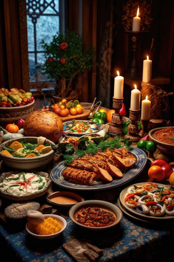 Delicious Holiday Feast with Traditional Dishes on Table Stock ...