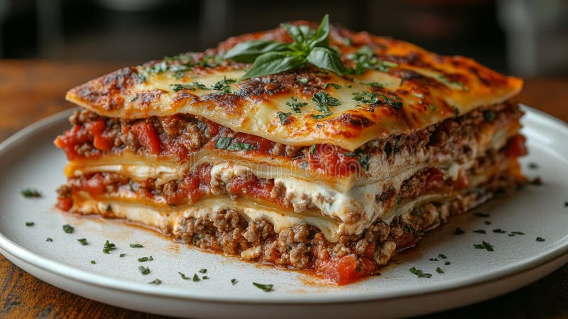 Delicious Homemade Lasagna Slice on Ceramic Plate, Rustic Dining ...
