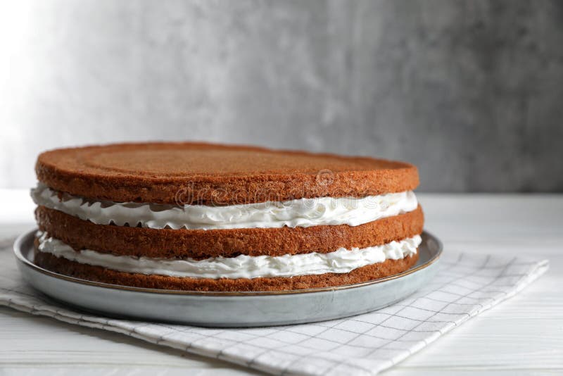 Delicious Homemade Layer Cake on White Wooden Table, Closeup Stock ...