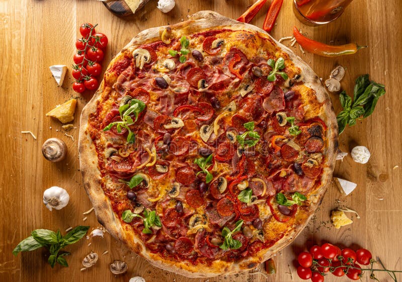 Delicious Homemade Fast Food Pizza with Seafood Shrimp Stock Image ...