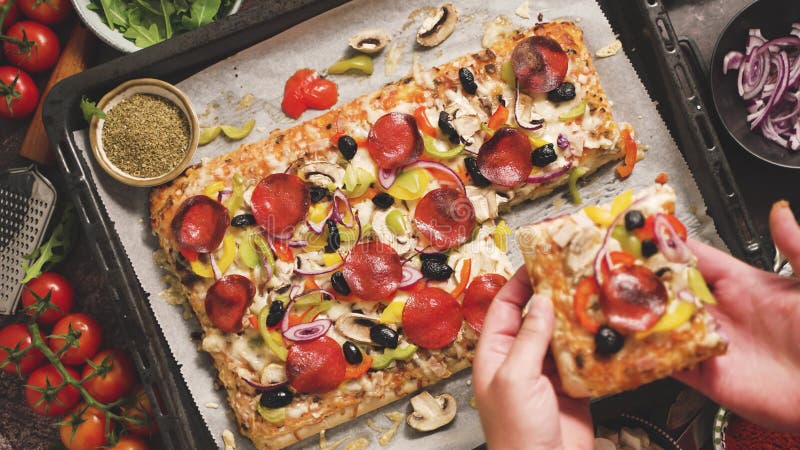 Delicious Homemade Rectangular Pepperoni Pizza on a Rustic Table with ...