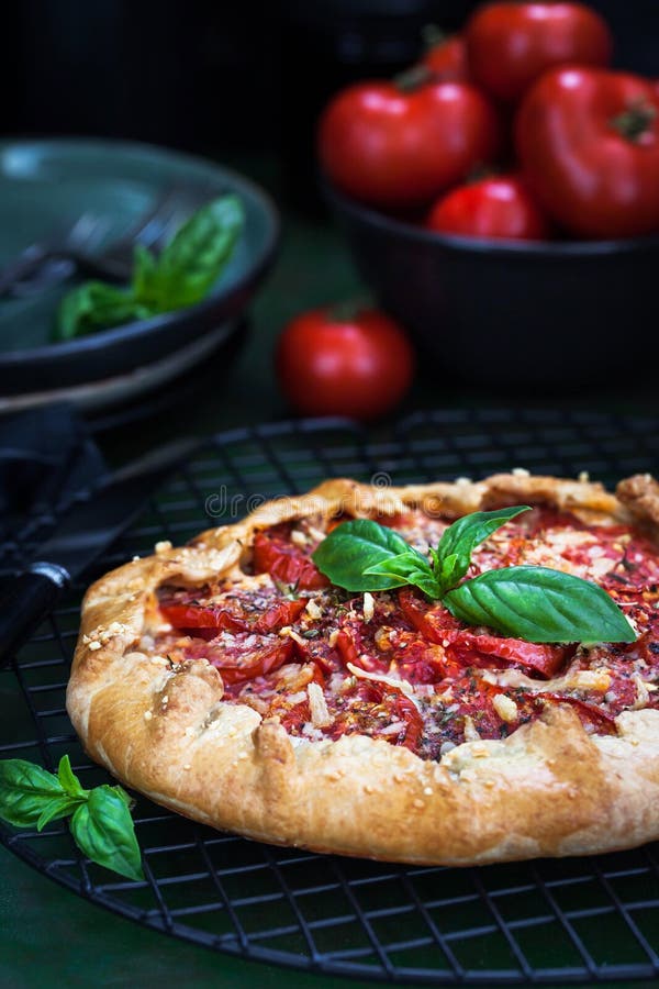 Delicious Homemade Rustic Tomato and Cheese Open Pie Stock Photo ...