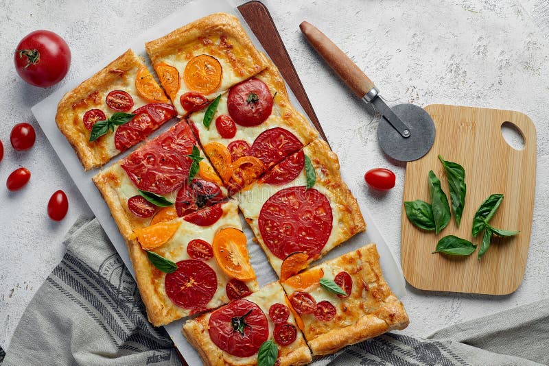 Delicious Homemade Square Pizza with Vegetables on White Stock Photo ...