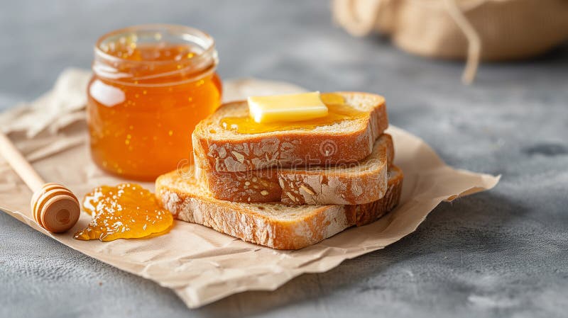 Delicious Honey Sandwich with Milk for Breakfast on Baking Paper Stock ...