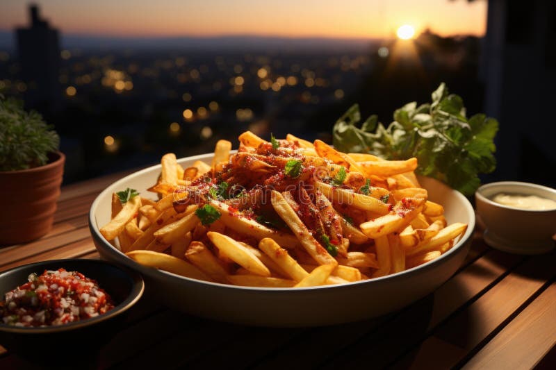 Delicious Hot Chips with Red Sauce Served Stock Illustration ...