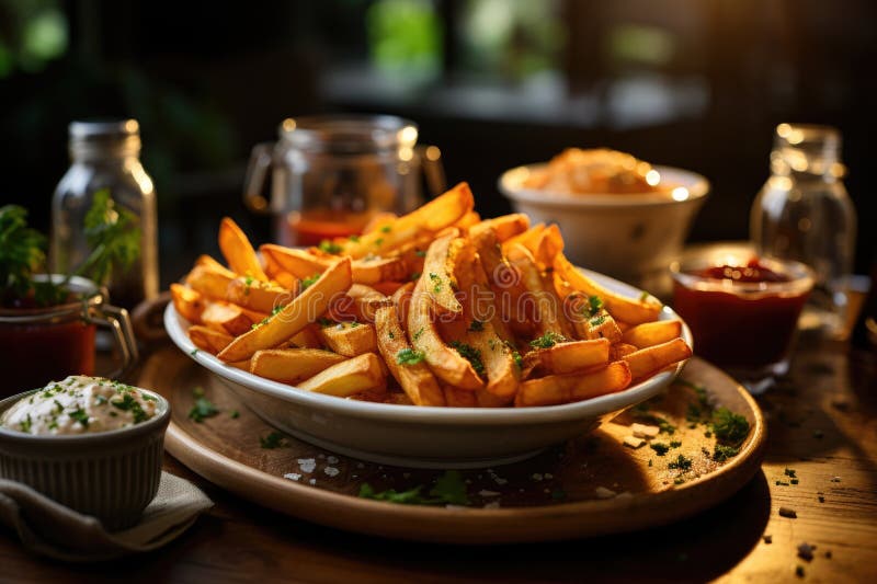 Delicious Hot Chips with Red Sauce Served Stock Illustration ...