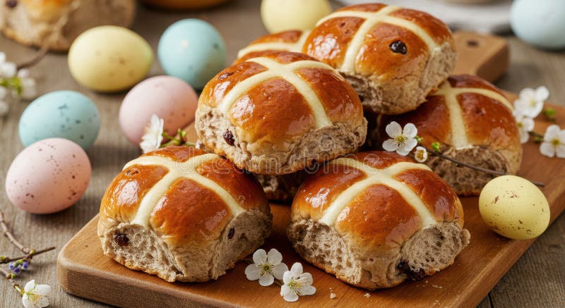 Delicious Hot Cross Buns with Colorful Easter Eggs on Wooden Board ...