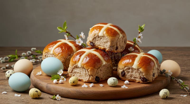 Delicious Hot Cross Buns with Easter Eggs and Spring Blossoms on Rustic ...