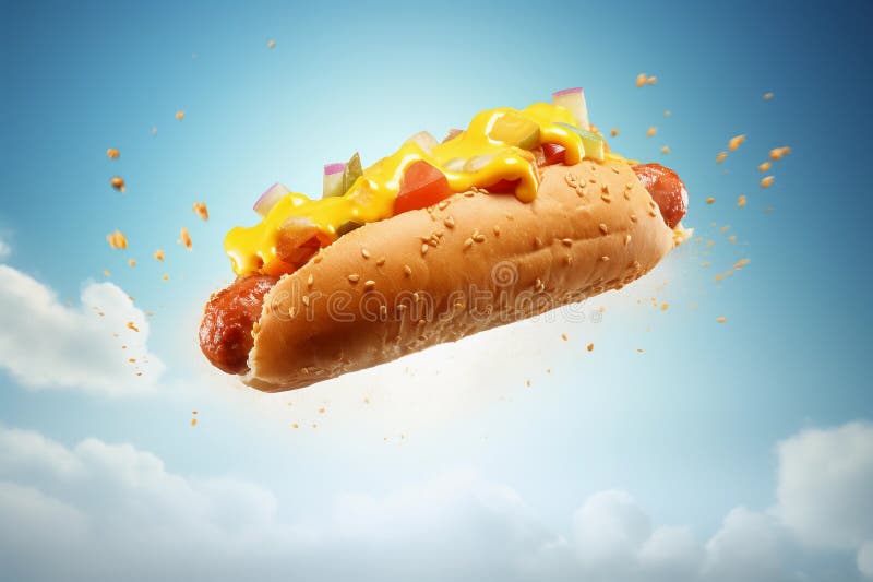 Delicious Hot Dog Flying. Levitation on Sky Background. AI Generated ...