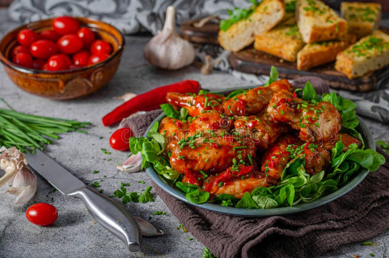 Delicious Hot Wings with Chilli and Garlic Stock Photo - Image of lunch ...