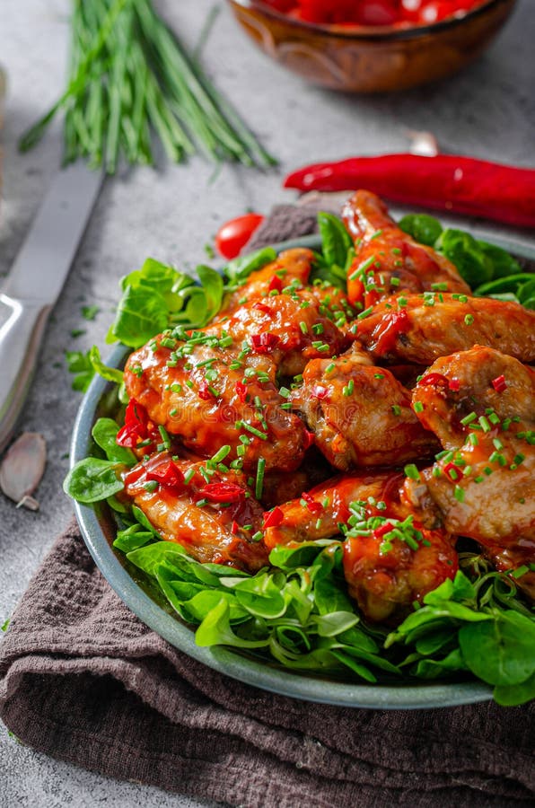 Delicious Hot Wings with Chilli and Garlic Stock Image - Image of ...