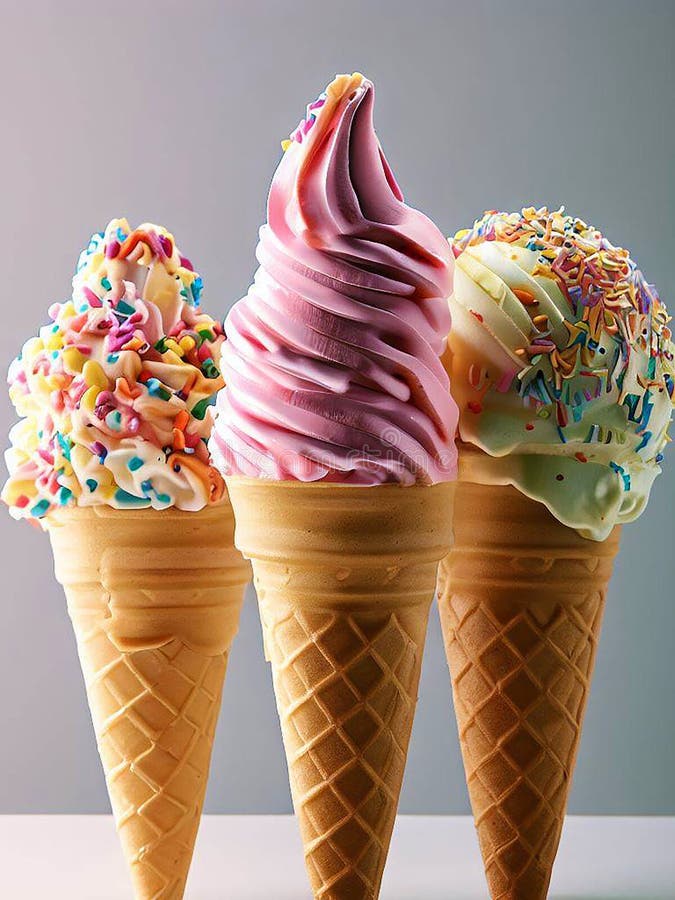 Delicious Ice Cream Cones With Toppings And Sprinkles Stock