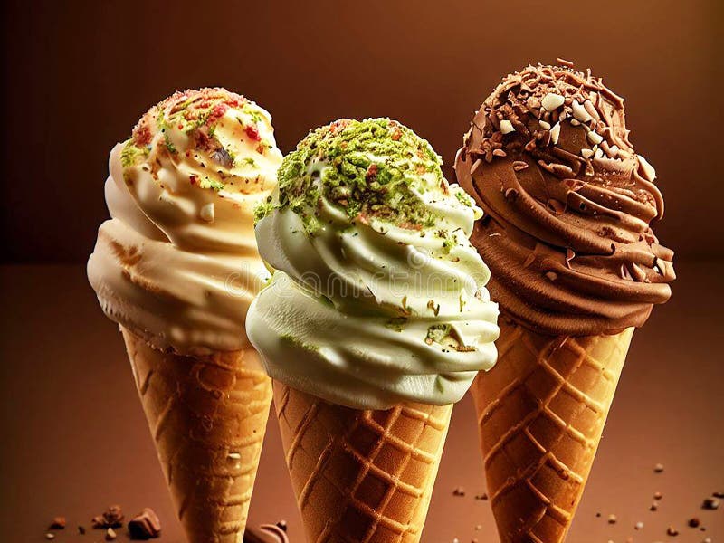 Delicious Ice Cream Cones With Toppings And Sprinkles Stock