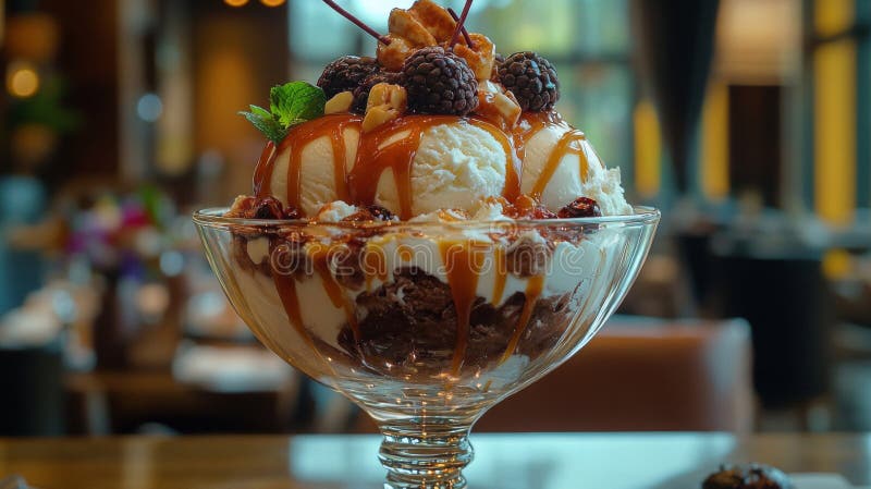 Delicious Ice Cream Sundae with Berries and Caramel Stock Illustration ...