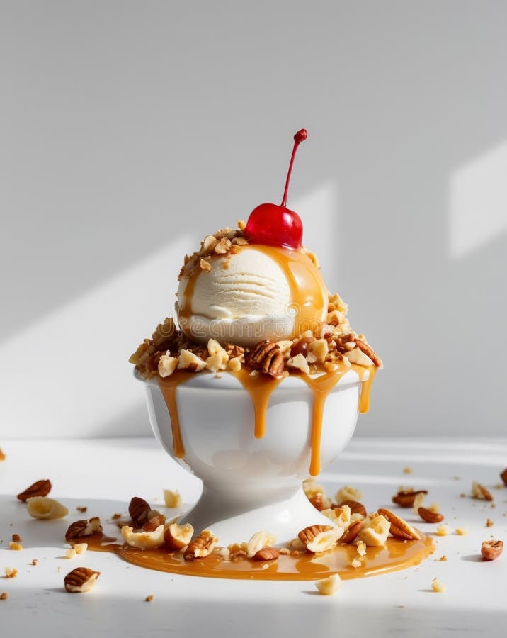 Delicious Ice Cream Sundae with Caramel Sauce and Nuts Stock Image ...
