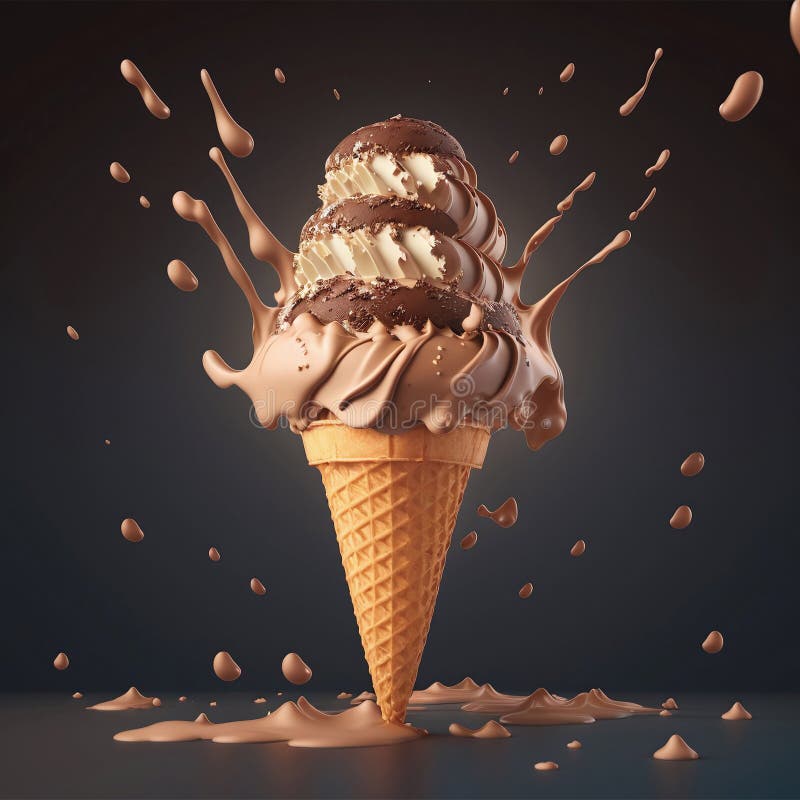 Delicious Ice Cream In Wafer Cone Milk Splash Melting Ice Cream