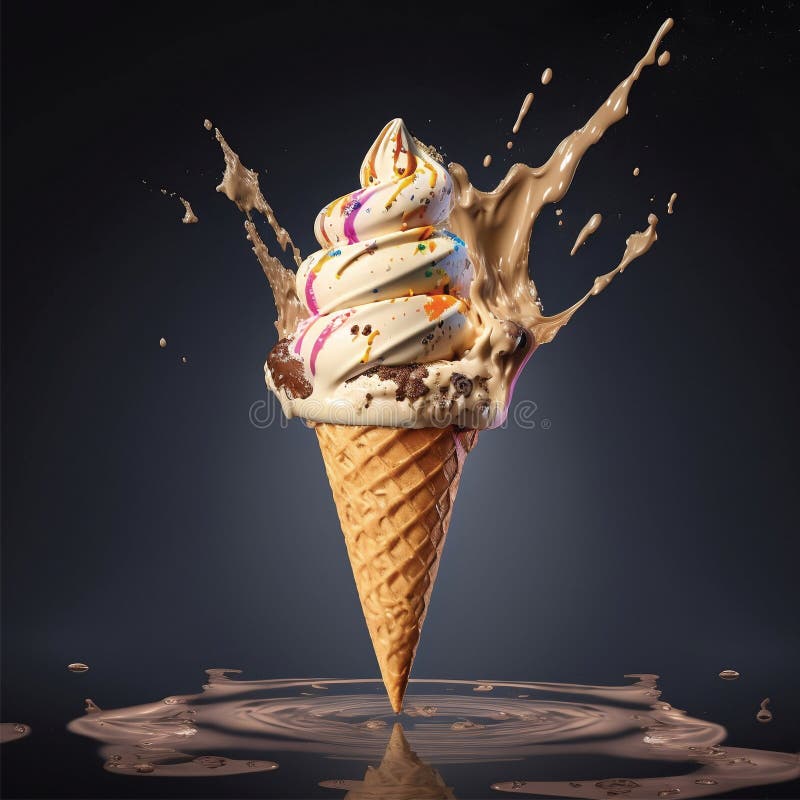 Delicious Ice Cream In Wafer Cone Milk Splash Melting Ice Cream