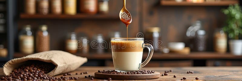 Delicious Iced Caramel Macchiato with Coffee Beans in Rustic Cafe ...