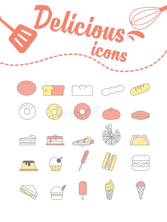 Delicious Icons Set on White Stock Illustration - Illustration of cream ...