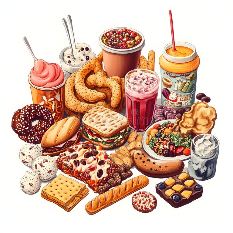 A Delicious Illustration of Assorted Food and Drinks Stock Illustration ...